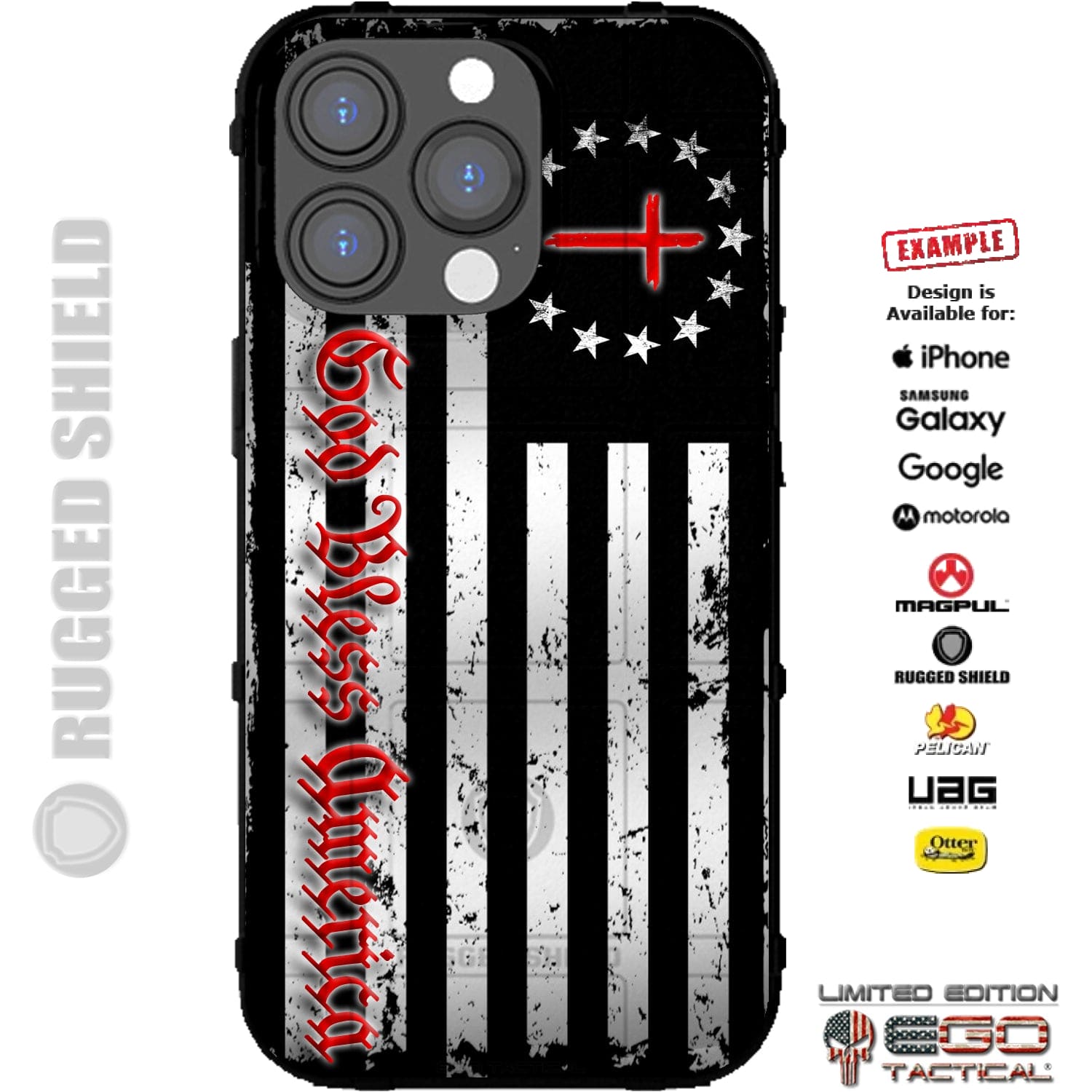 13 Star Cross Subdued American Flag, God Bless America Script Custom P ...